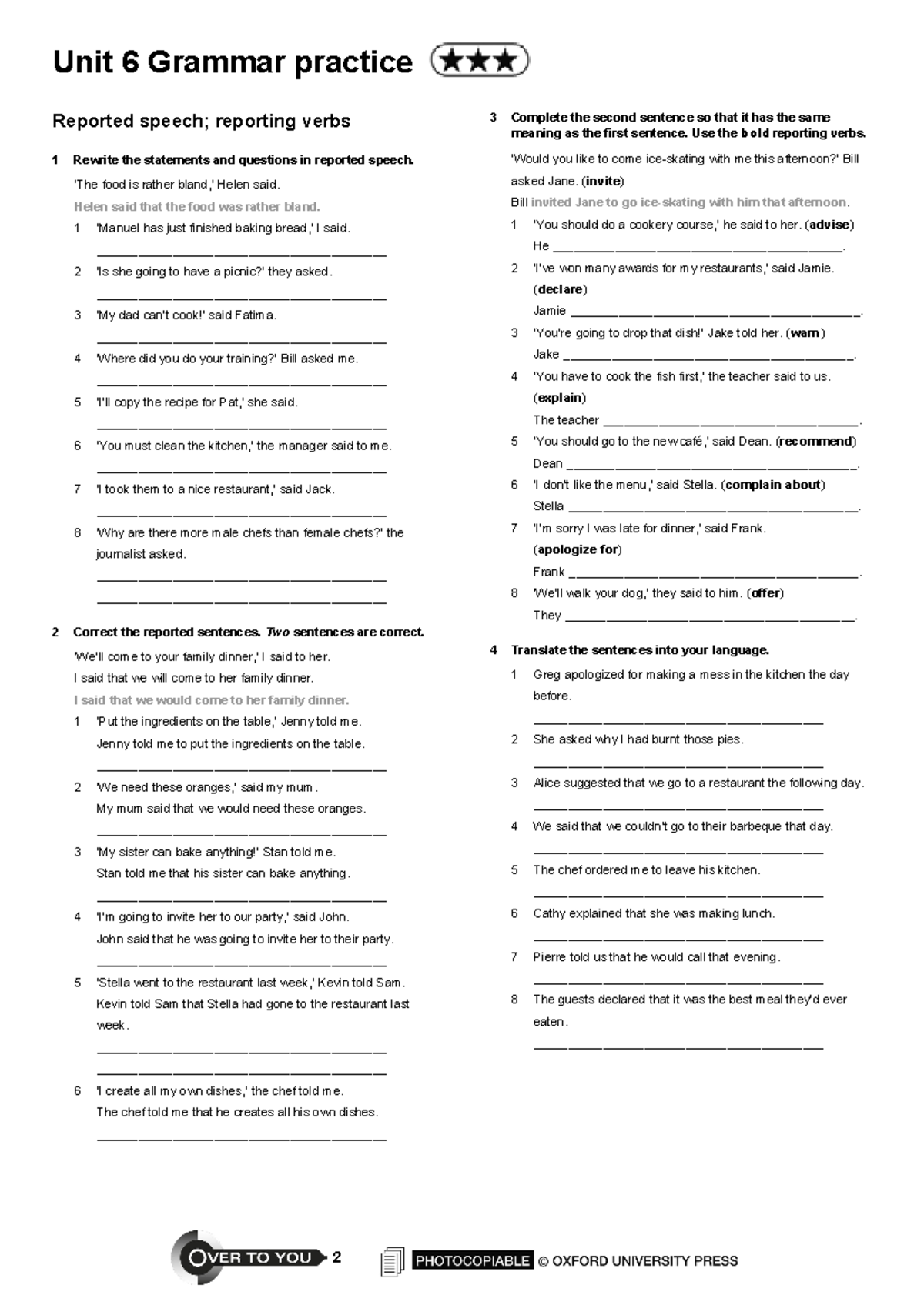 Grammar Practice: Reported Speech Exercises - Unit 6 - Studocu