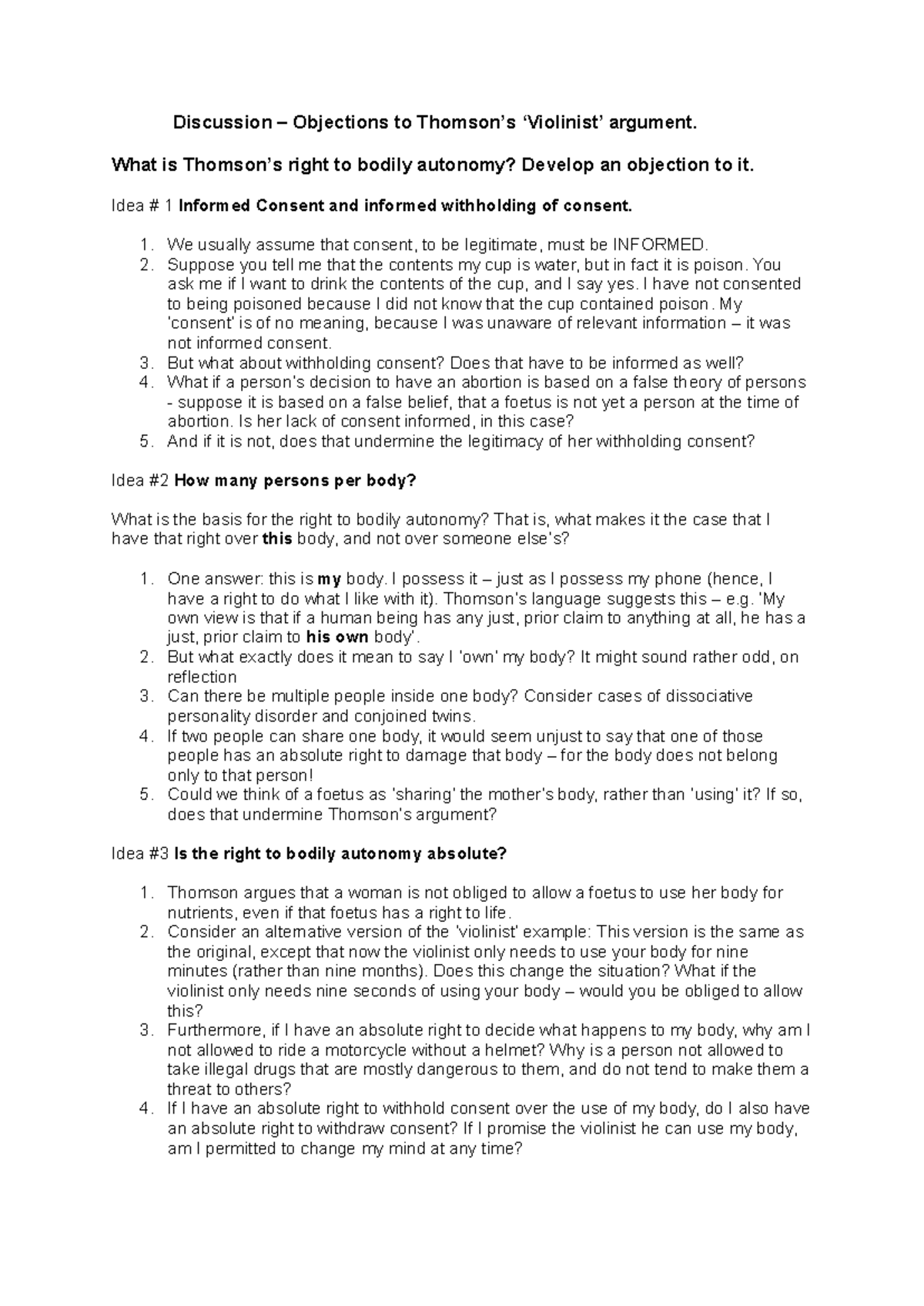Thomson Handout: Objections to Bodily Autonomy Argument - Studocu