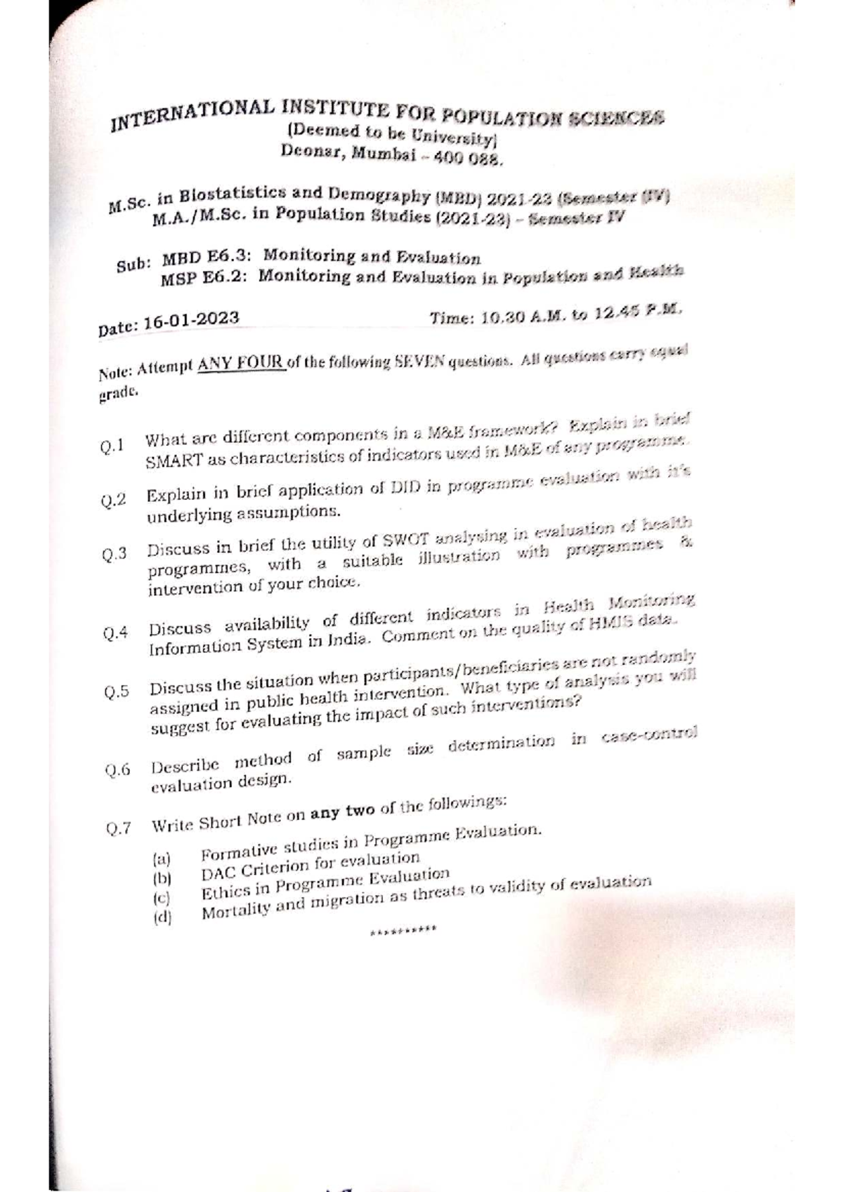MBD E6.2: Monitoring and Evaluation Semester IV Exam Questions - Studocu