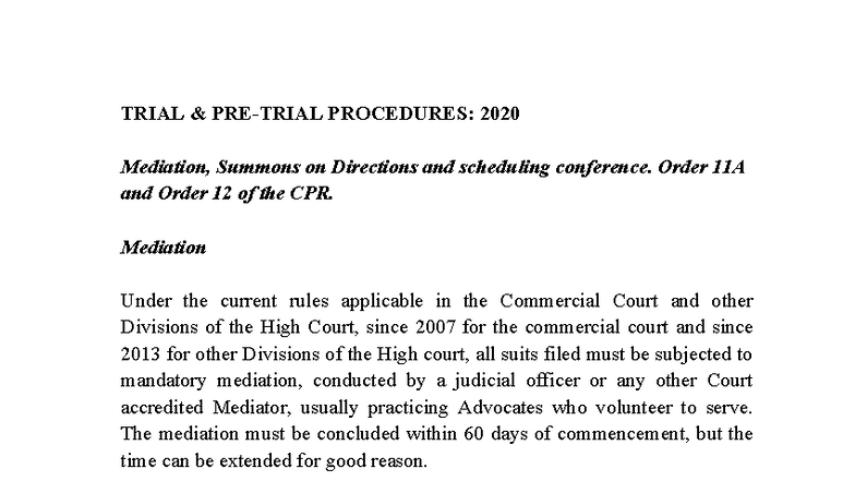 TRIAL PROCEDURES: Mediation, Summons on Directions & Scheduling ...