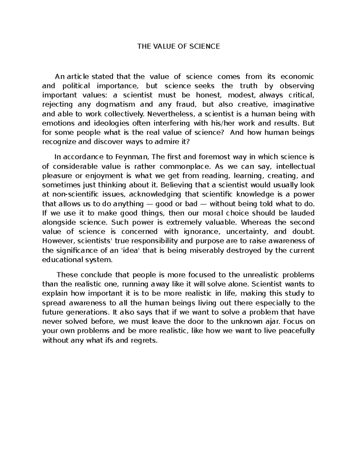 THE Value OF Science - Activity - THE VALUE OF SCIENCE An article ...