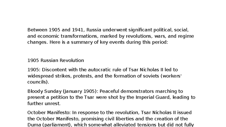 History Summary: Key Events from 1905 to 1941 in Russia (HIST 101 ...