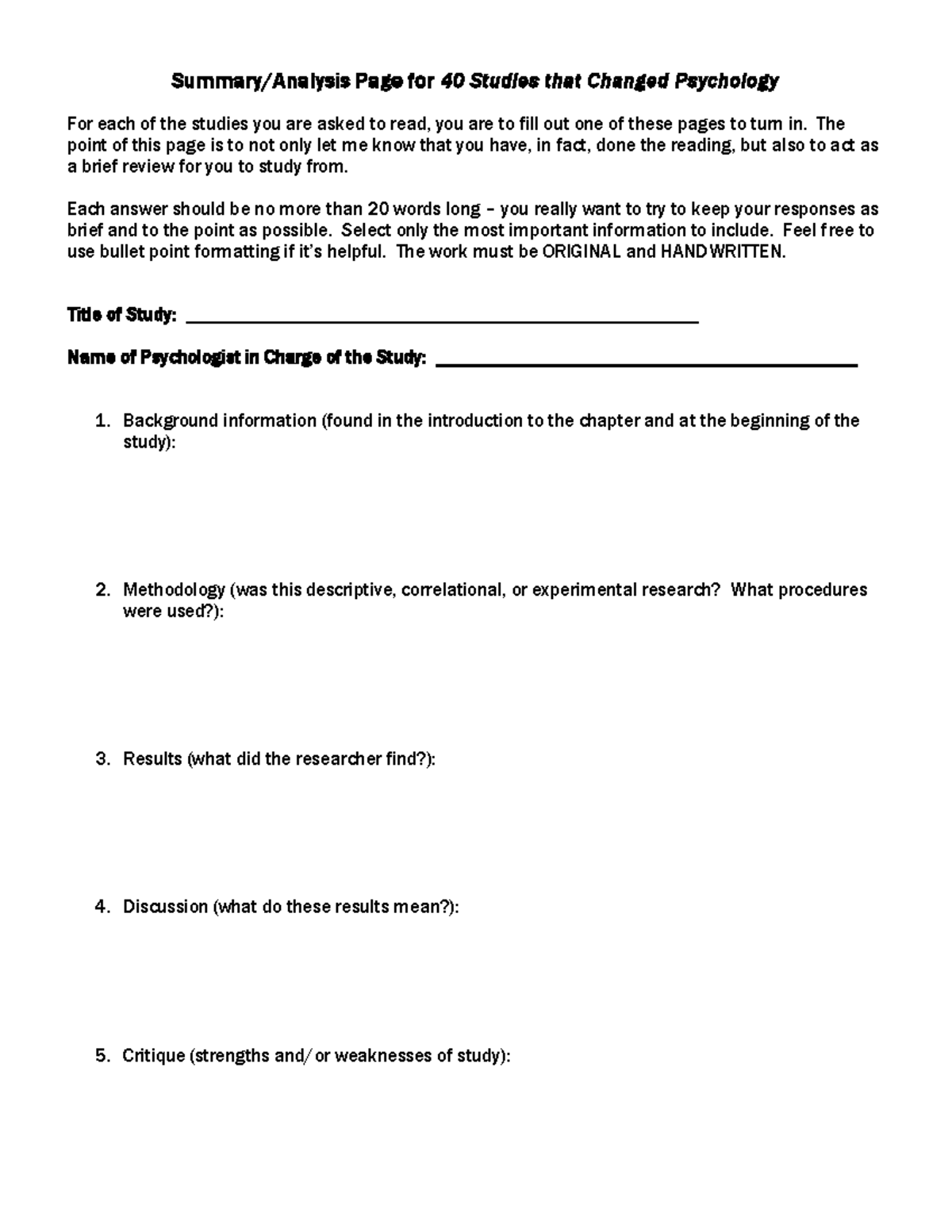 40 Studies That Changed Psychology: Assignment Sheet - Studocu