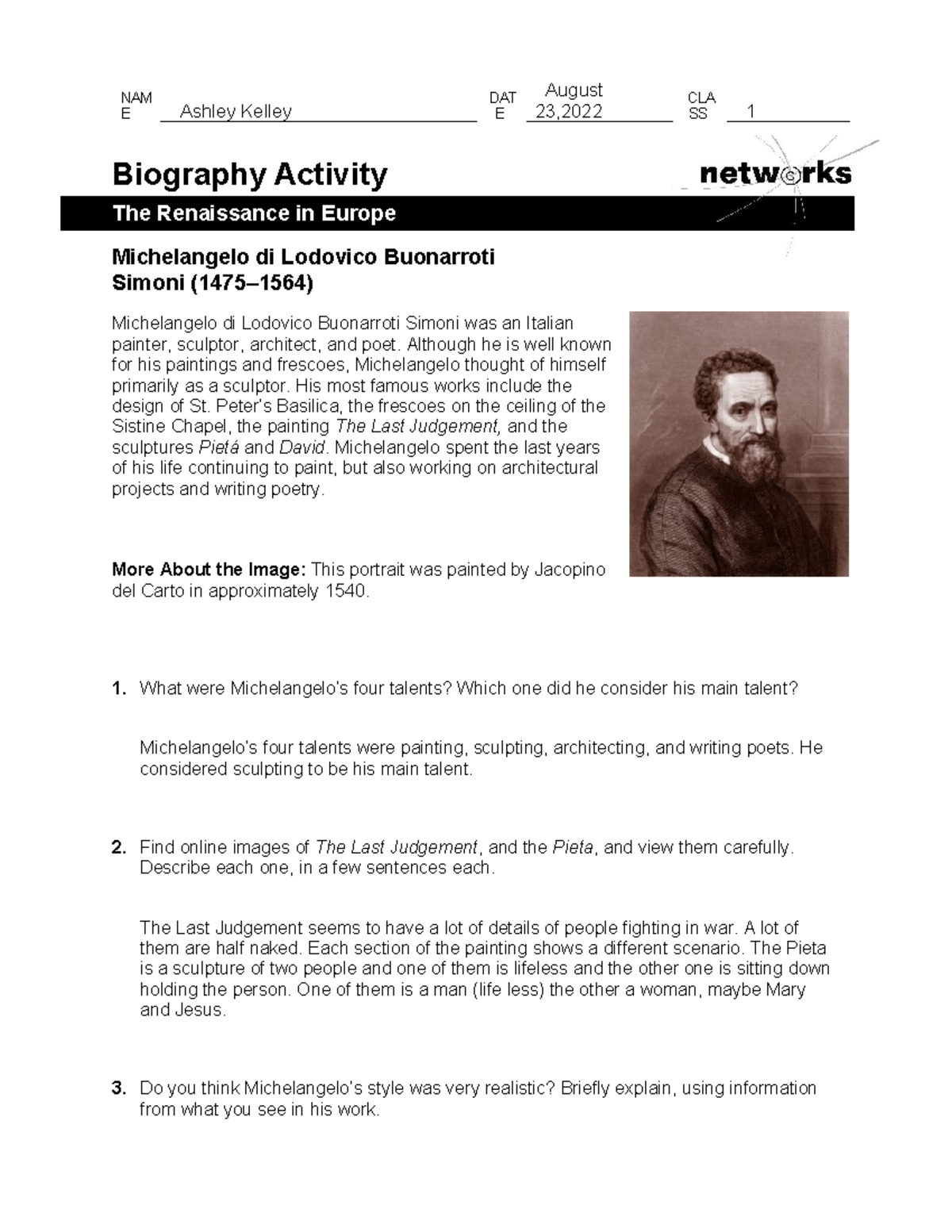 Michelangelo Biography Worksheet for Class 1 - Editable Version - Studocu
