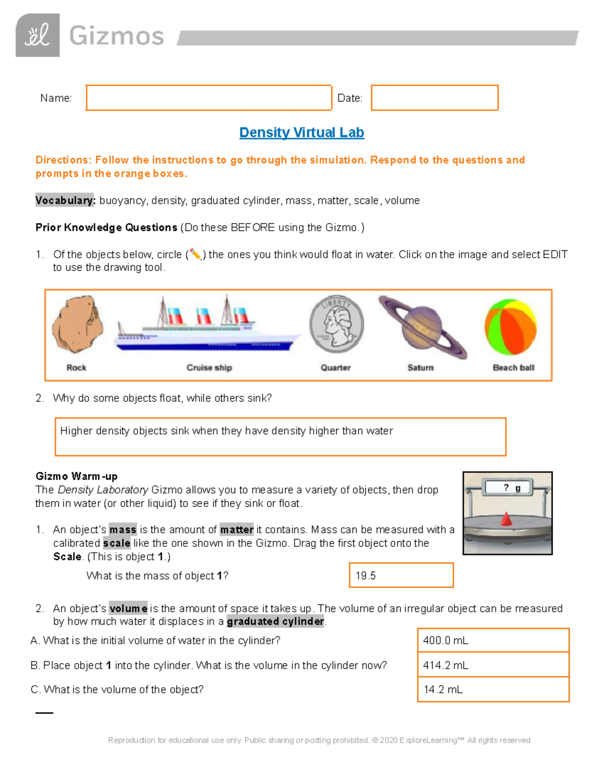 Copy of Density Virtual Lab - Name: Date: Density Virtual Lab ...