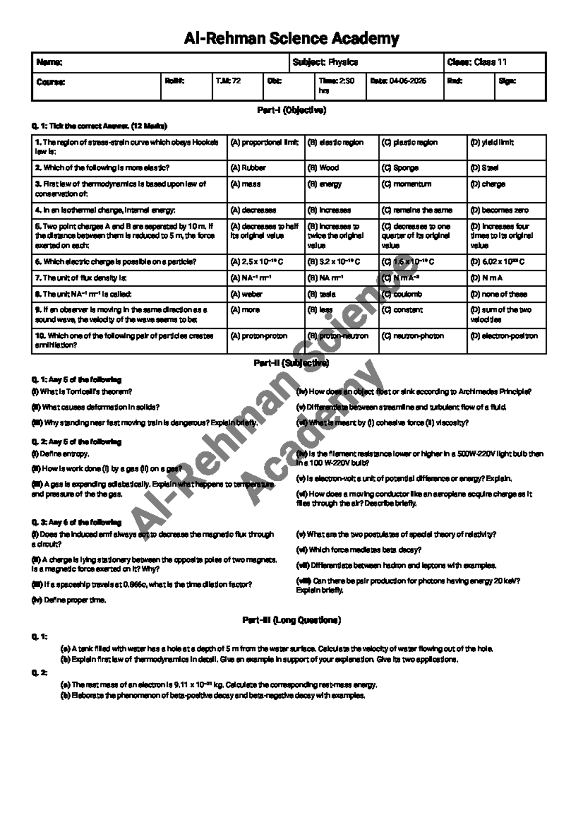 Physics Class 11 Question Paper: Objective & Subjective Sections - Studocu