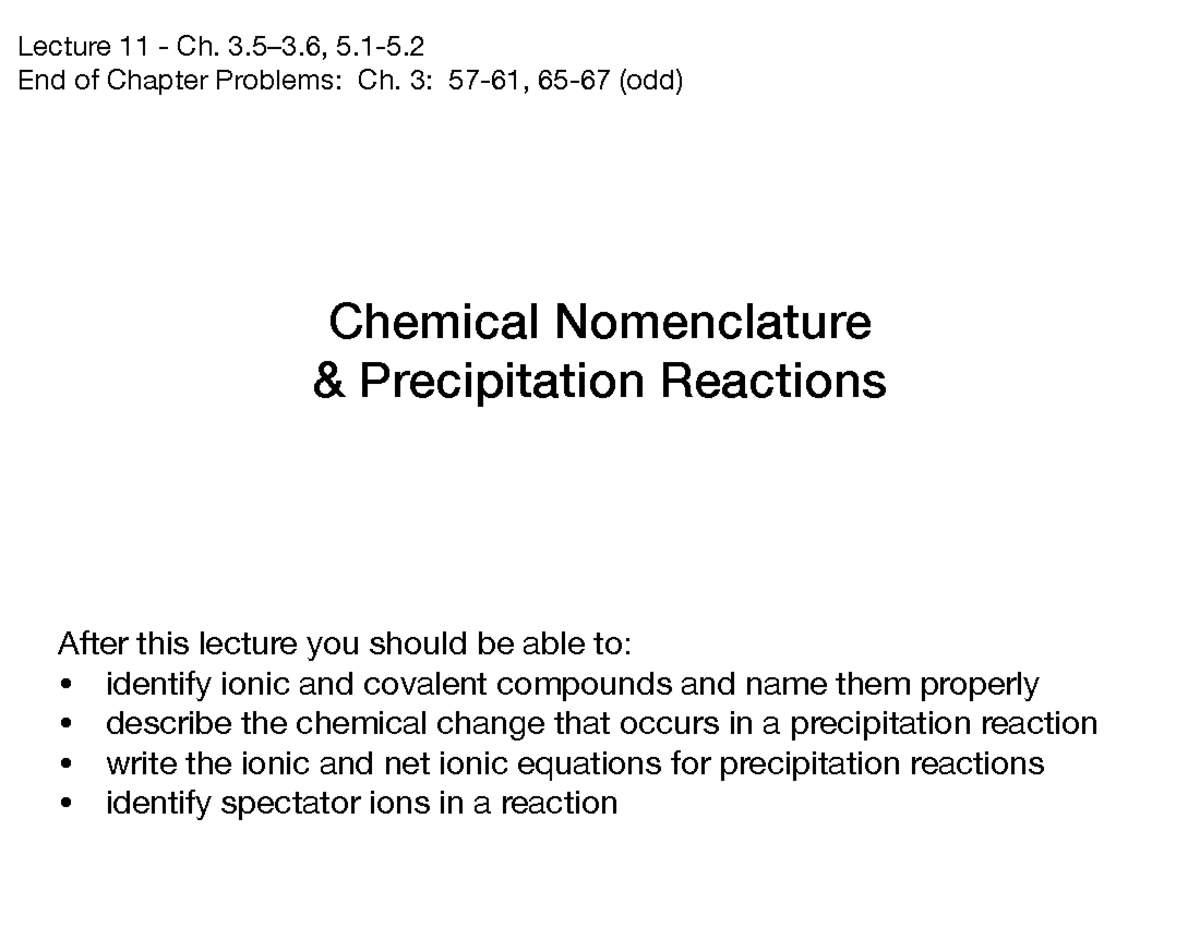 Lecture 11 - Chemical Nomenclature & Precipitation Reactions (Chem 101 ...