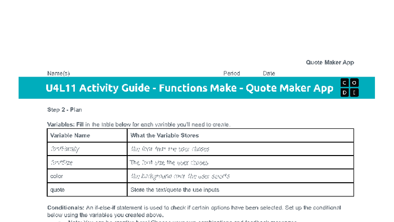 C O U4L11 Activity Guide: Functions for Quote Maker App - Studocu
