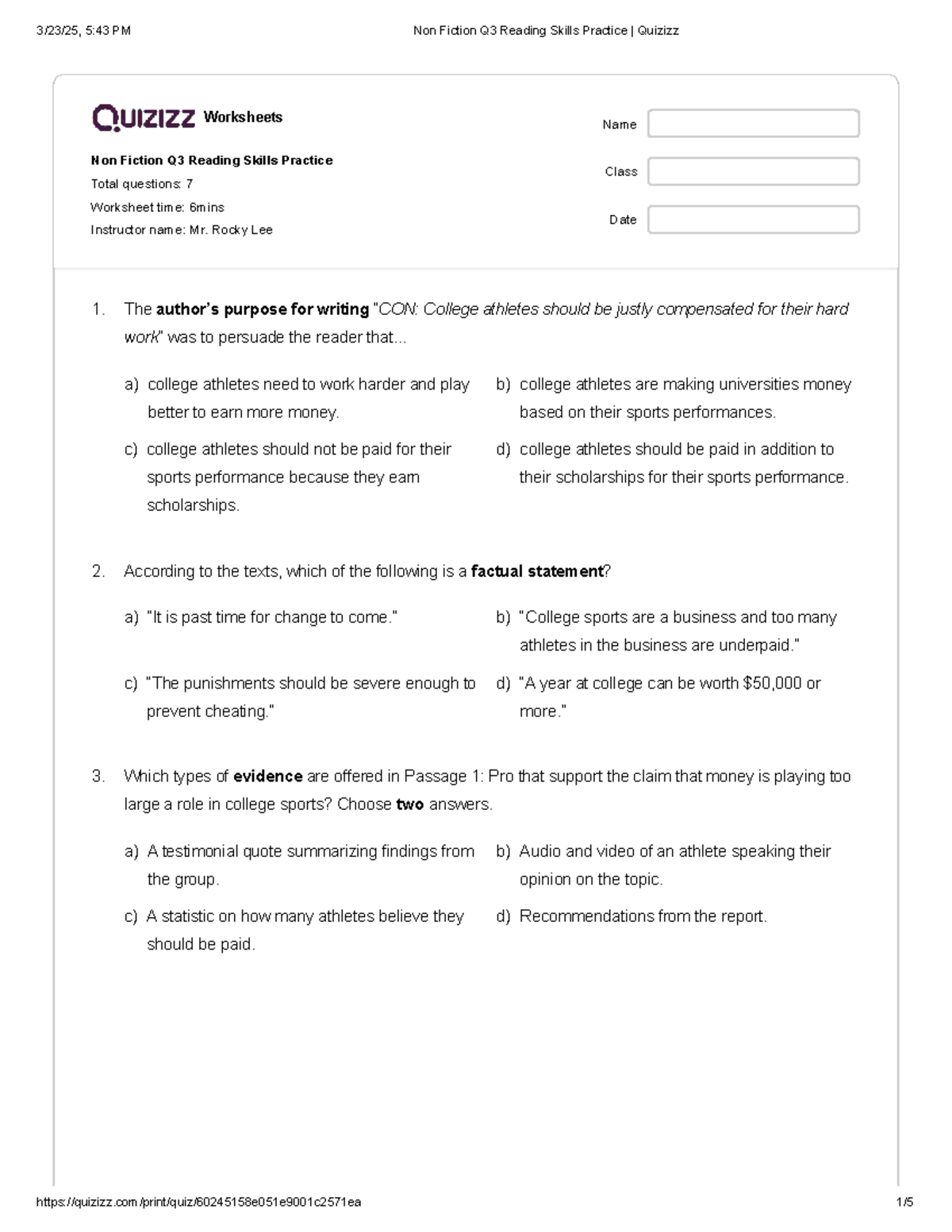 Non Fiction Q3 Reading Skills Practice Quizizz - Worksheet Answers ...
