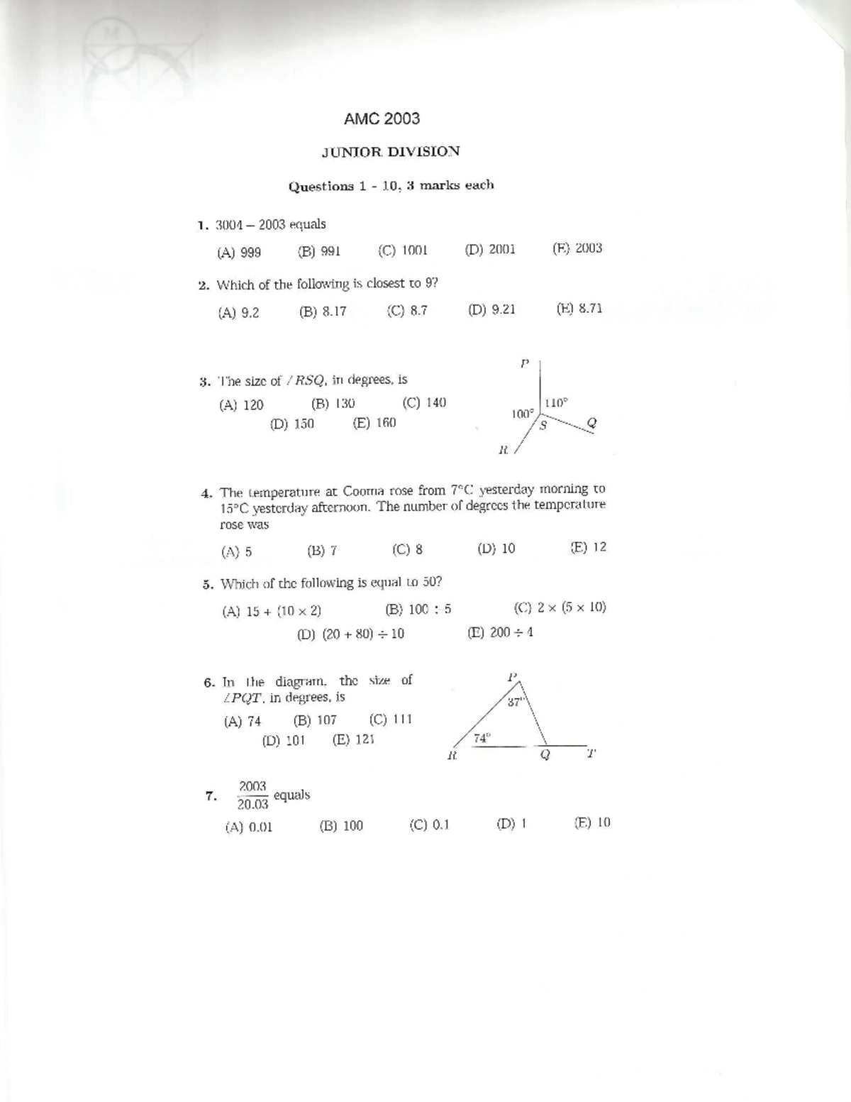 2003 AMC Junior Division Questions 1-30 with Answers - Studocu