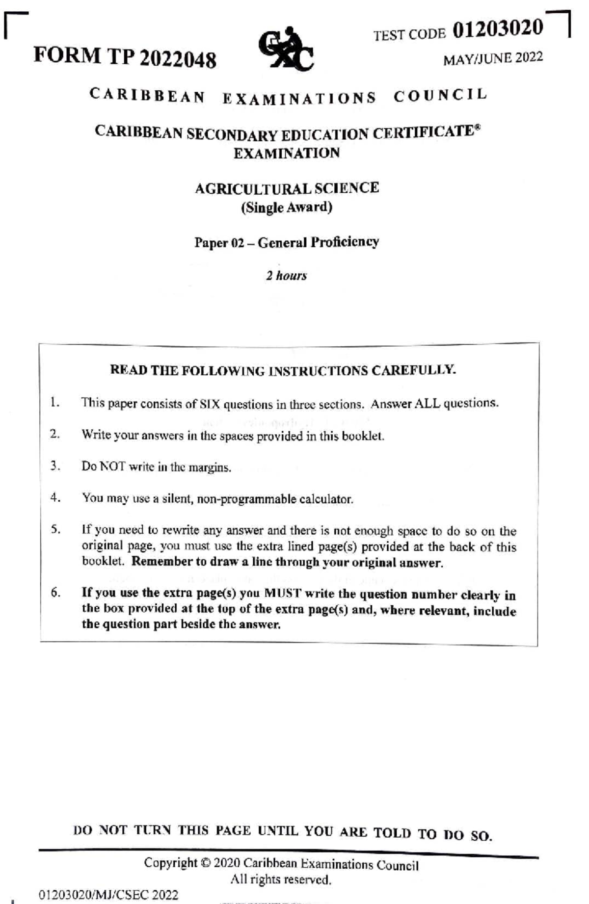 CSEC 01203020 Agricultural Science Paper 02 Exam 2022: Test Questions ...