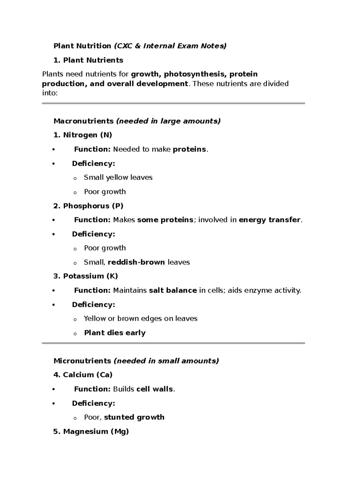 Plant Nutrition (CXC Internal Exam Notes) - Macronutrients ...