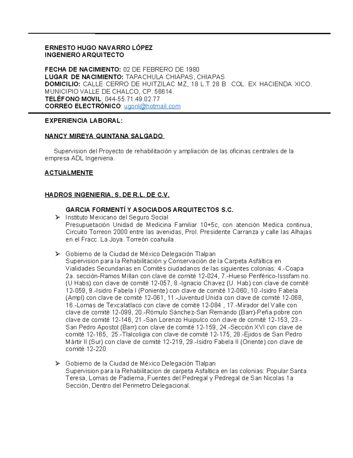 Curriculum Vitae: Ing. Hugo Navarro López - 2019 - Studocu