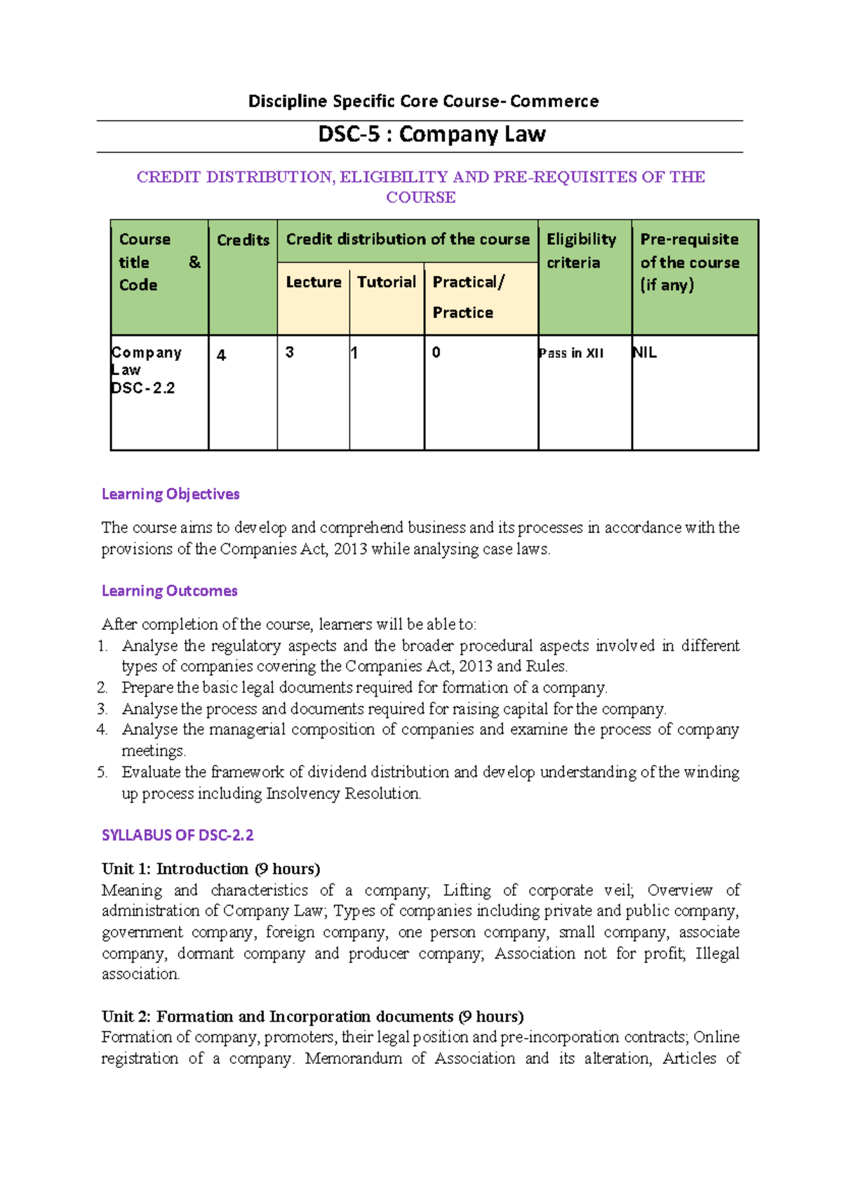 DSC-5 Company Law: Practical Problems and Solutions - Studocu