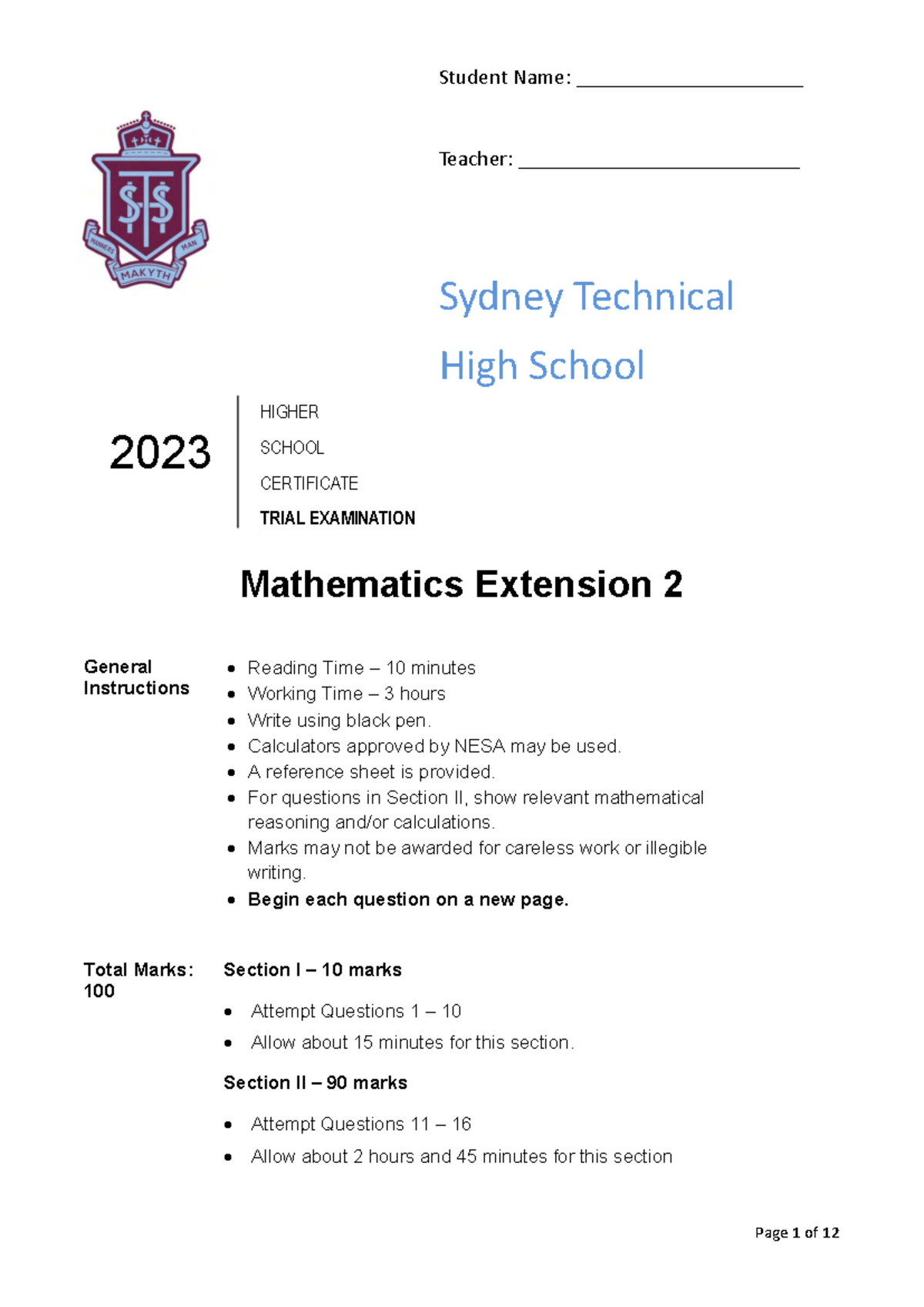 Sydney Tech 2023 HSC Mathematics Extension 2 Trial Exam Solutions - Studocu