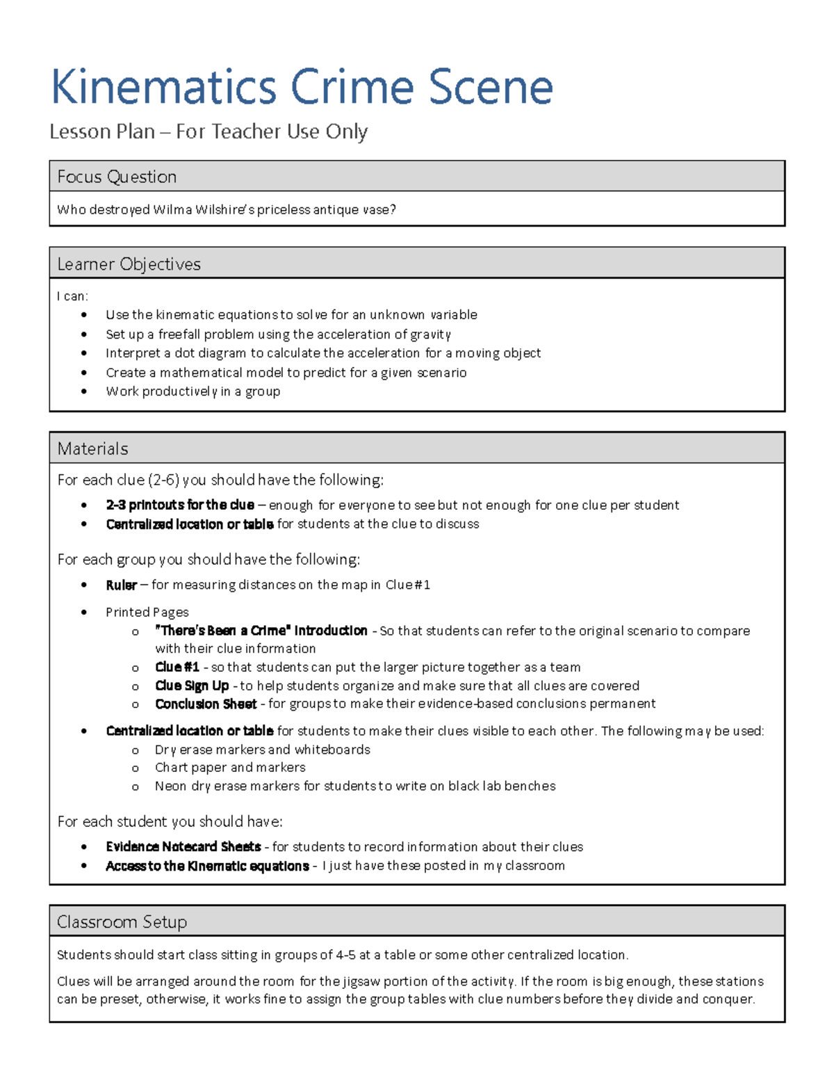 Kinematics crime scene - lesson plan - Kinematics Crime Scene Lesson ...