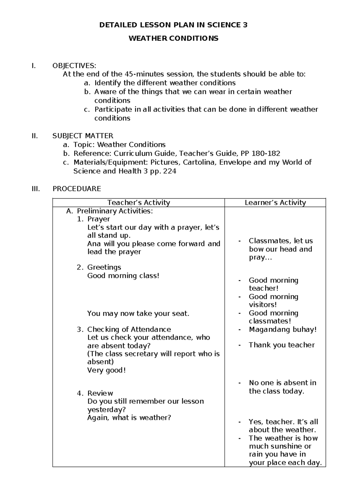Detailed Lesson Plan in Science 3: Exploring Weather Conditions - Studocu