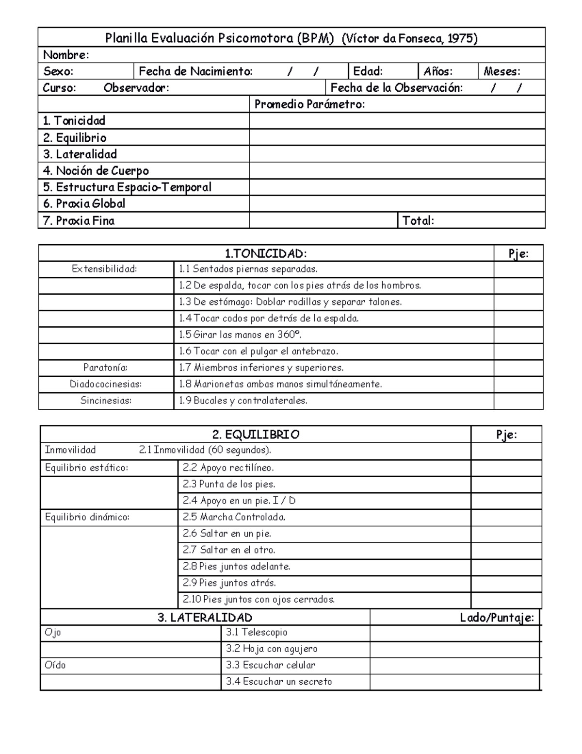 Evaluación Psicomotora - BPM de Víctor da Fonseca (1975) - Studocu