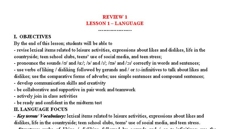 G8 - Review 1 - Lesson 1: Language Objectives and Activities - Studocu