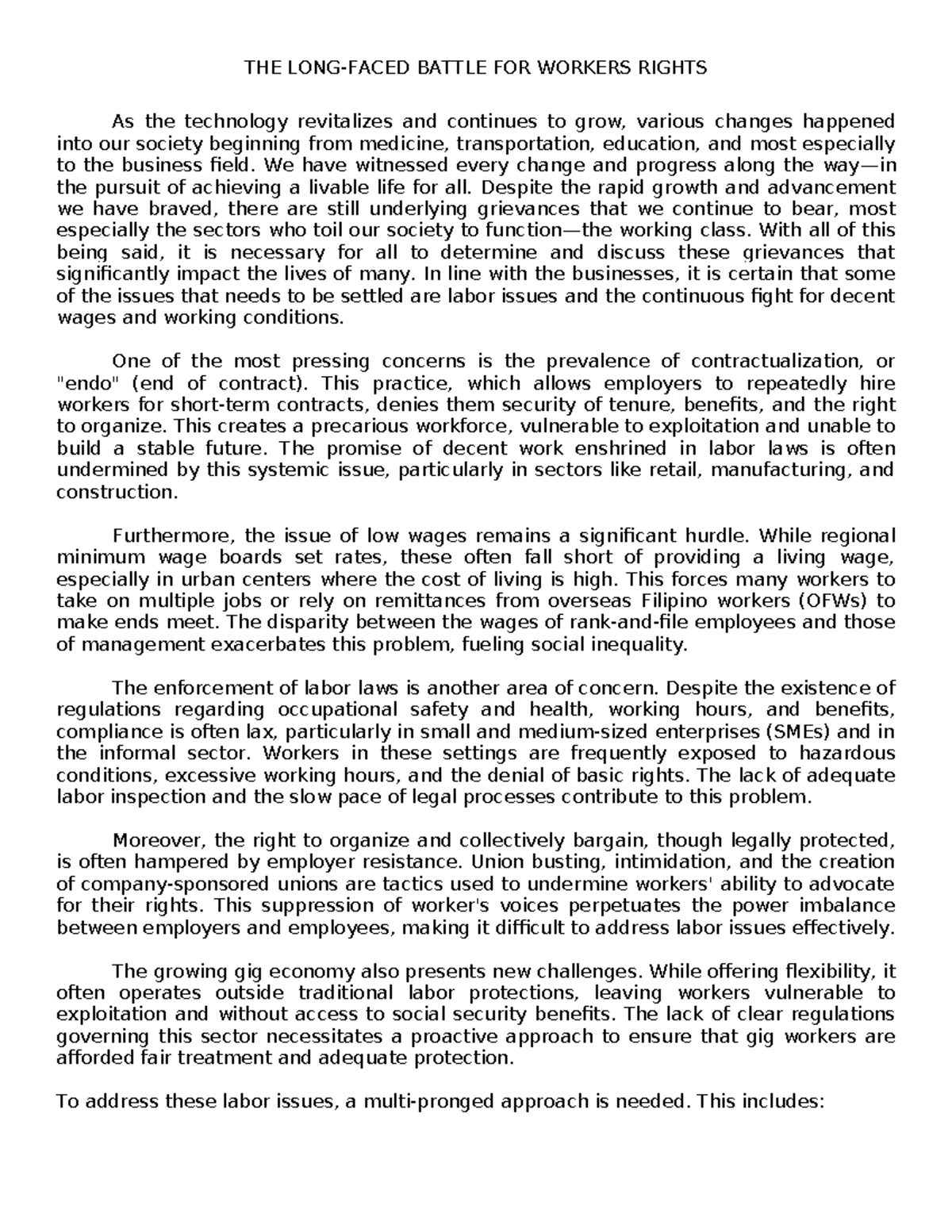 FQ - Business Issue - THE LONG-FACED BATTLE FOR WORKERS RIGHTS As the ...