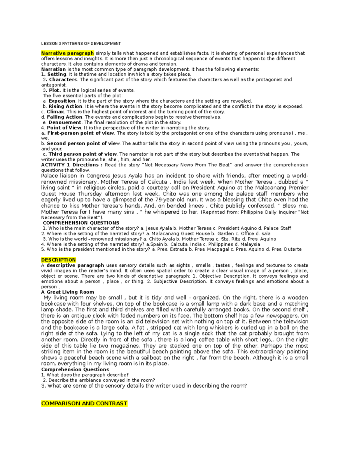 W1W2RW Module G11: Lesson 3 - Patterns of Development in Writing - Studocu