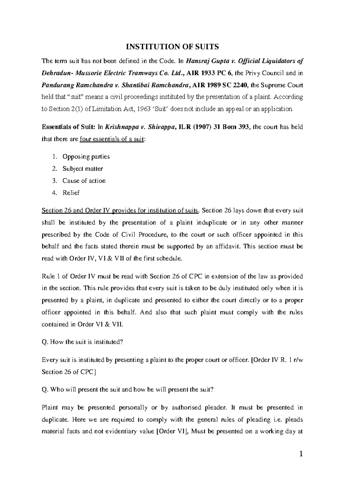 Institution of Suits: Essentials and Procedures in Civil Law - Studocu