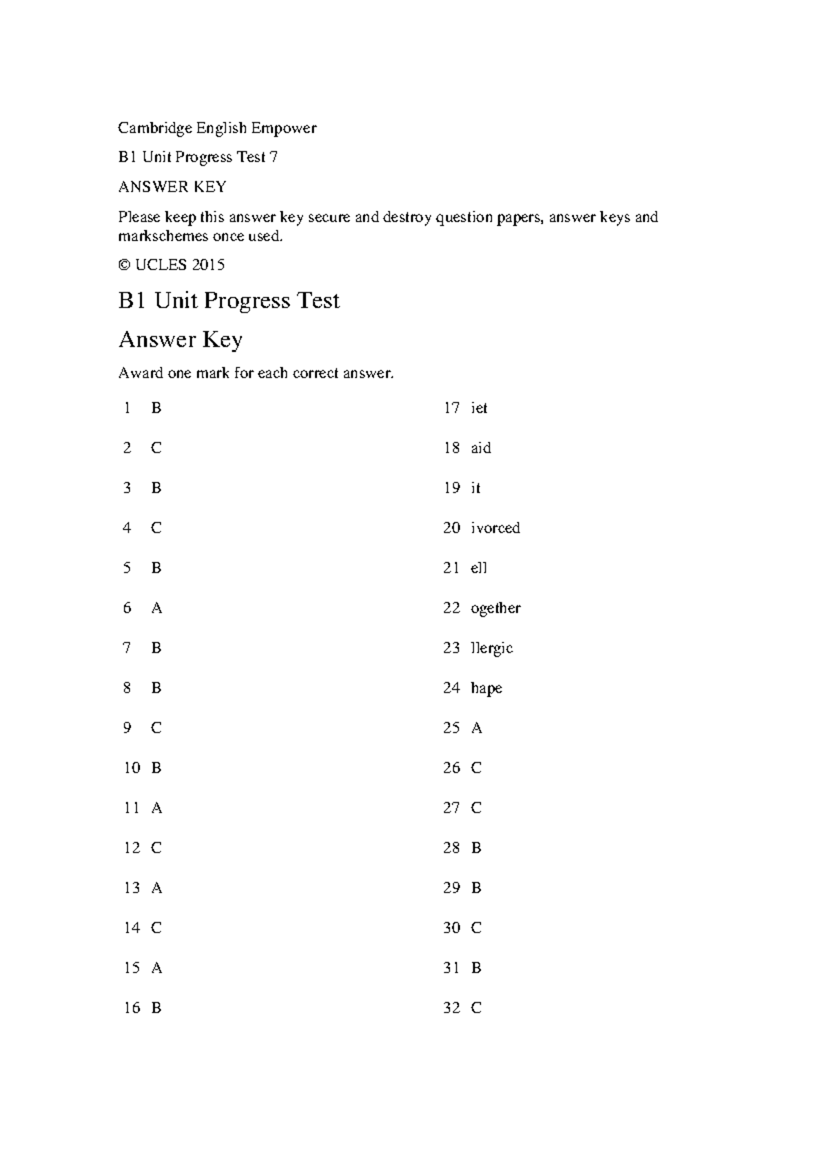B1 Unit 7 Progress Test Answer Key - Cambridge English Empower - Studocu