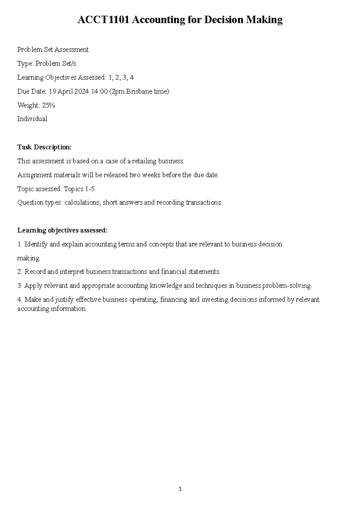 ACCT1101 S1 2024 Accounting for Decision Making - Assignment Problem ...