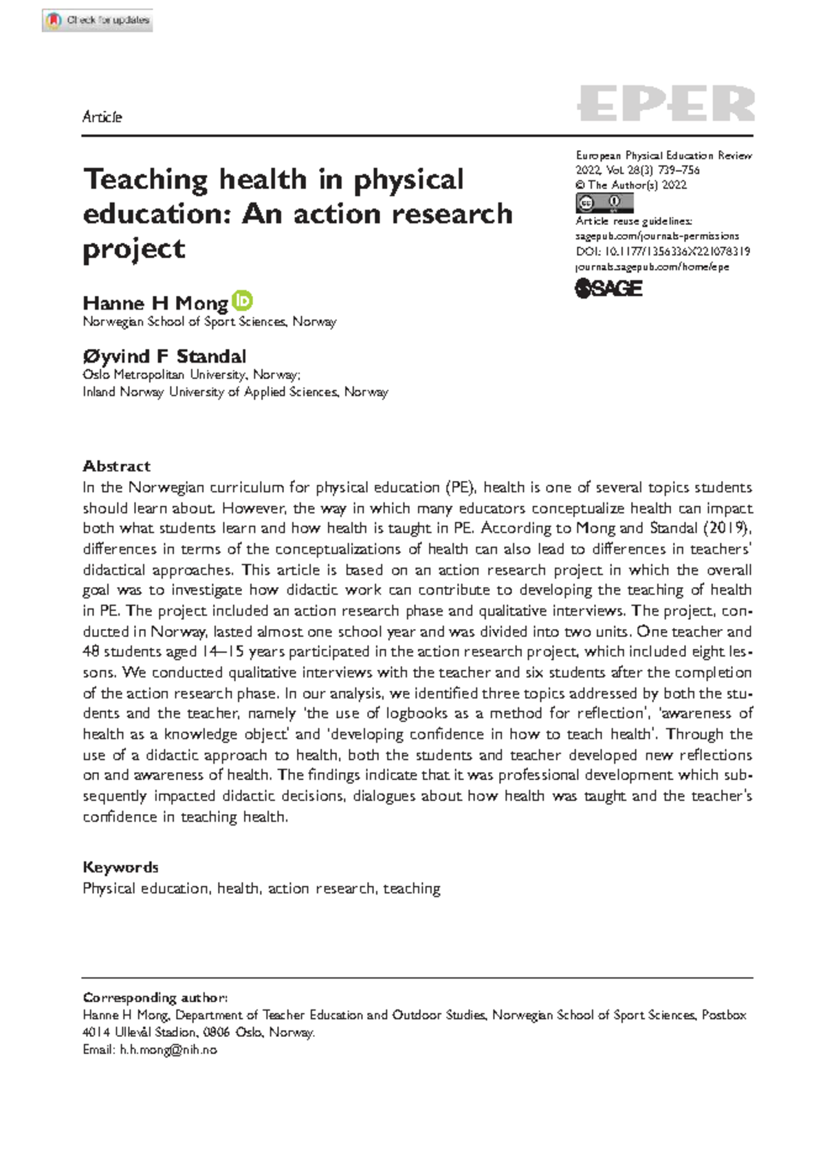 Mong & Standal 2022: Teaching Health in PE - An Action Research Project ...