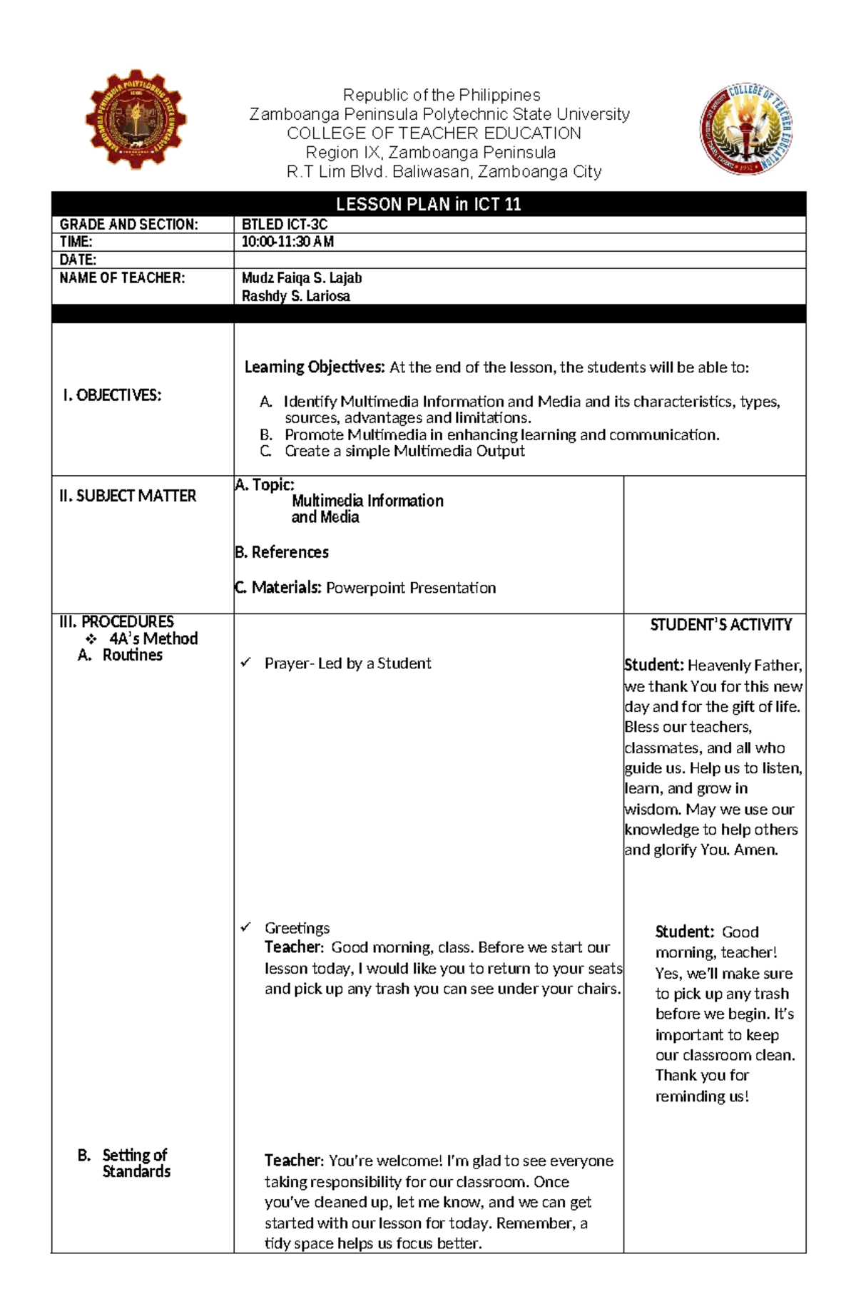 BTLED AM Lesson Plan: Multimedia Information & Media (ICT 11) - Studocu