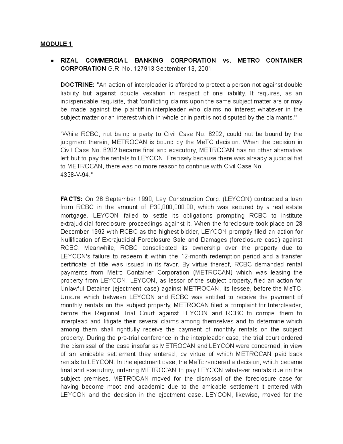 MODULE 1-3: Legal Doctrines and Case Summaries on Interpleader Actions ...