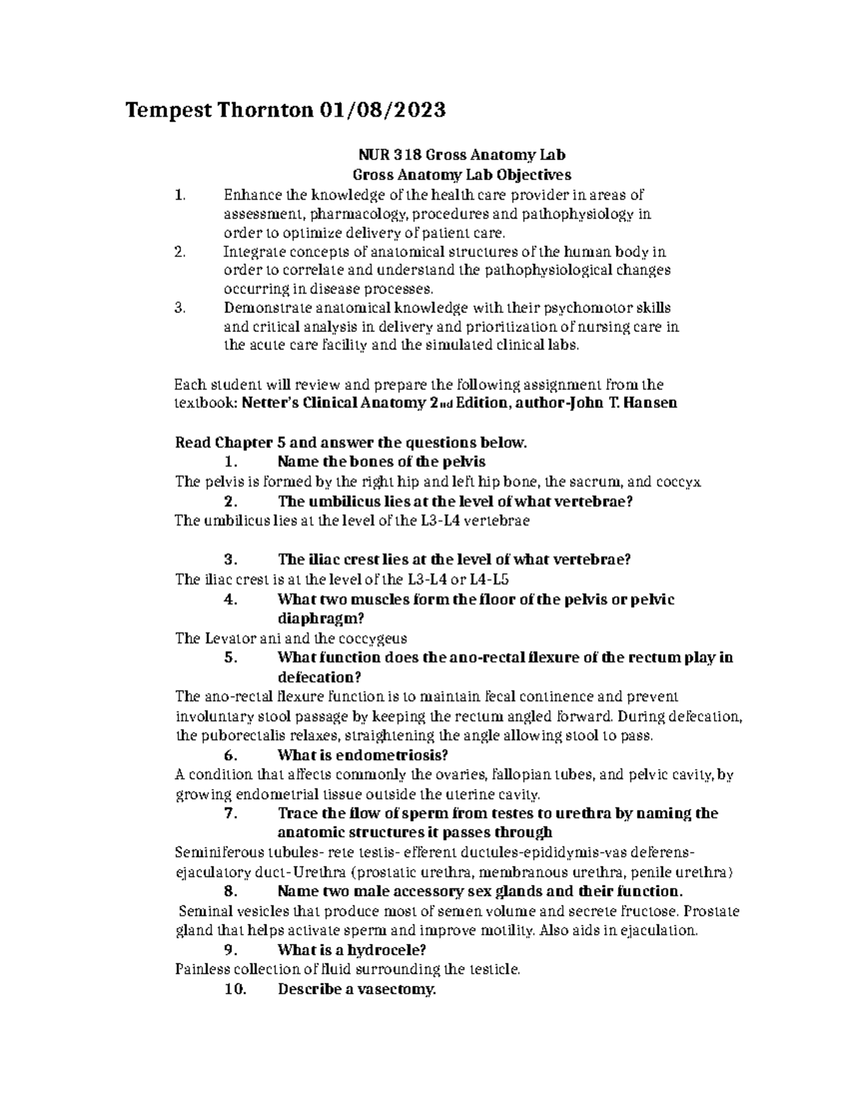 NUR 318 Gross Anatomy Lab Objectives & Key Concepts for Spring 2026 ...