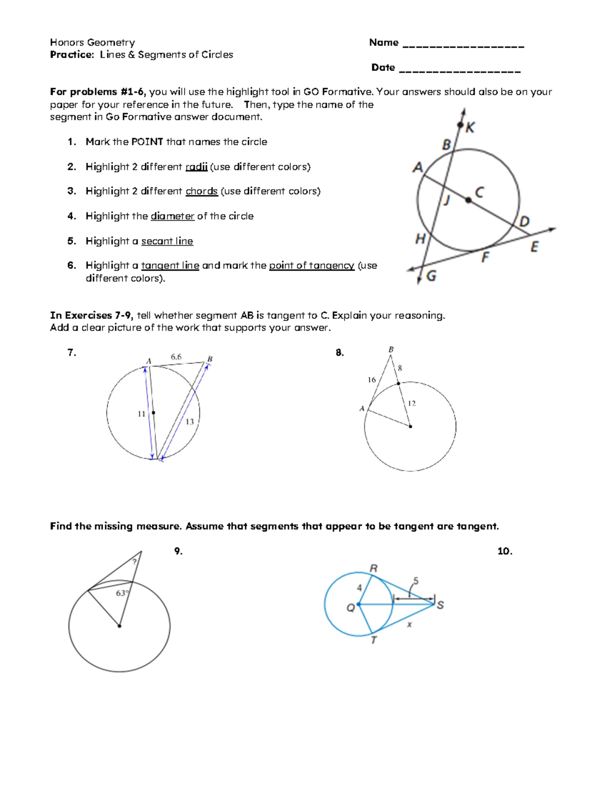 Practice Lines and Segments of Circles - Honors Geometry Name ...