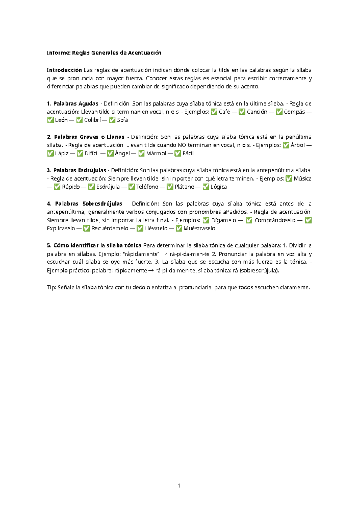 Informe: Reglas Generales de Acentuación en Español - Studocu