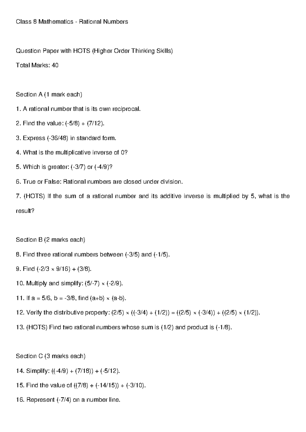 Class 8 Mathematics Rational Numbers Question Paper with HOTS - Studocu