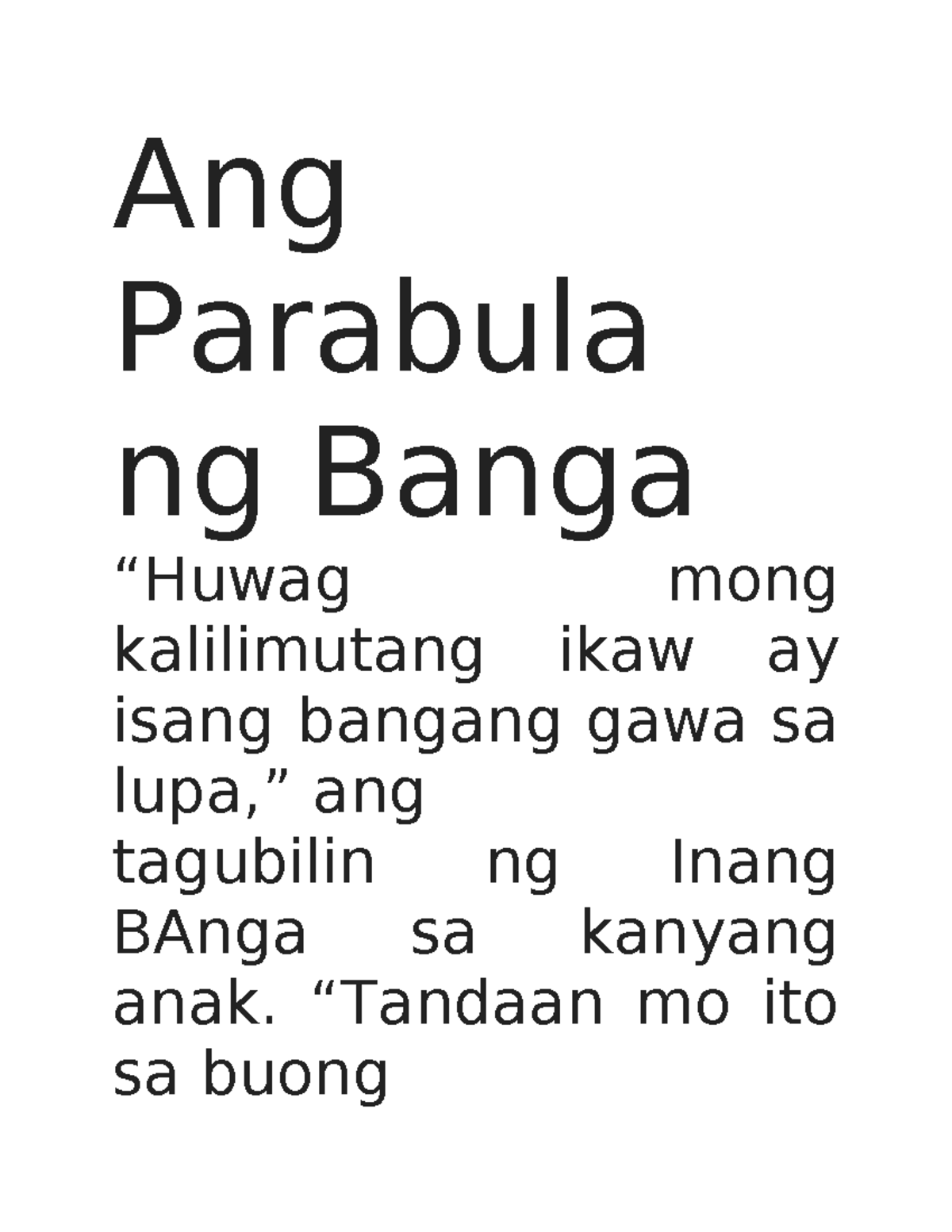 Parabula ng Banga: Isang Buod ng Aral at Mensahe - Studocu