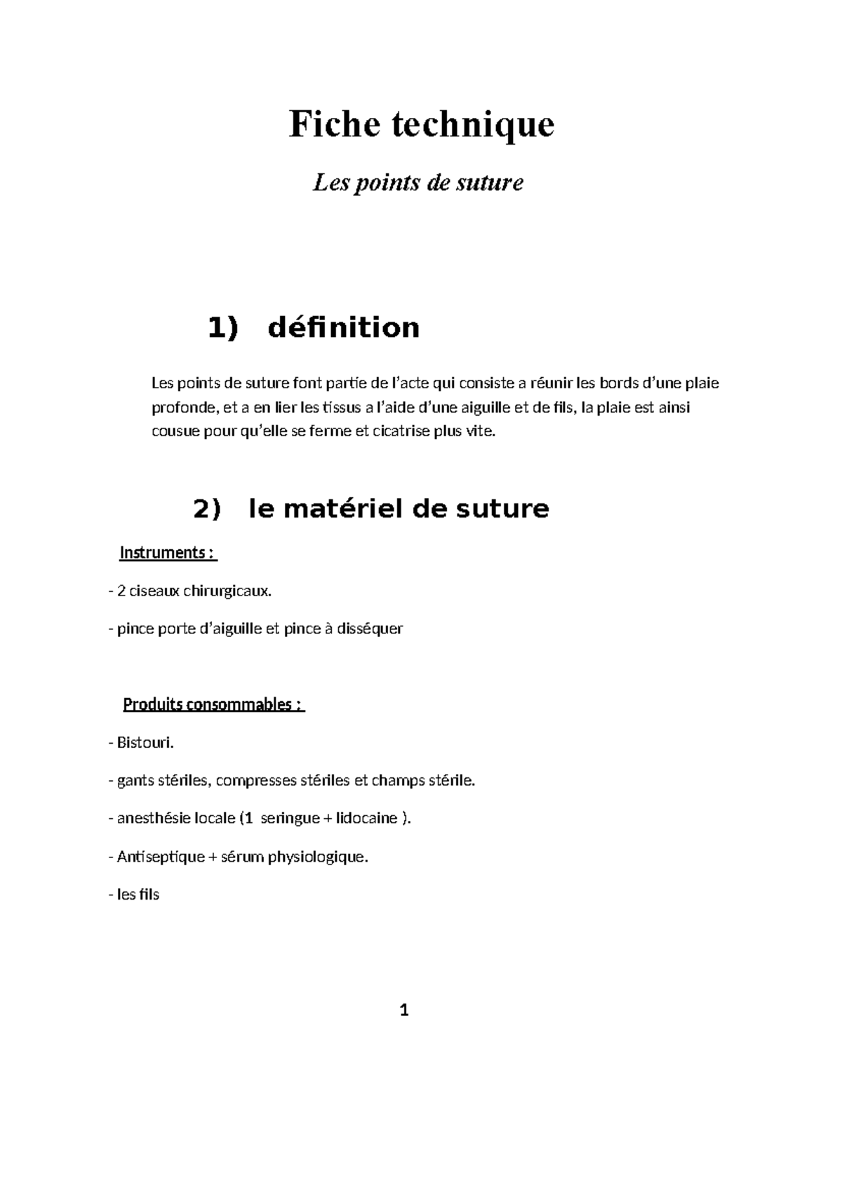 Fiche Technique : Points de Suture et Techniques Associées - Studocu
