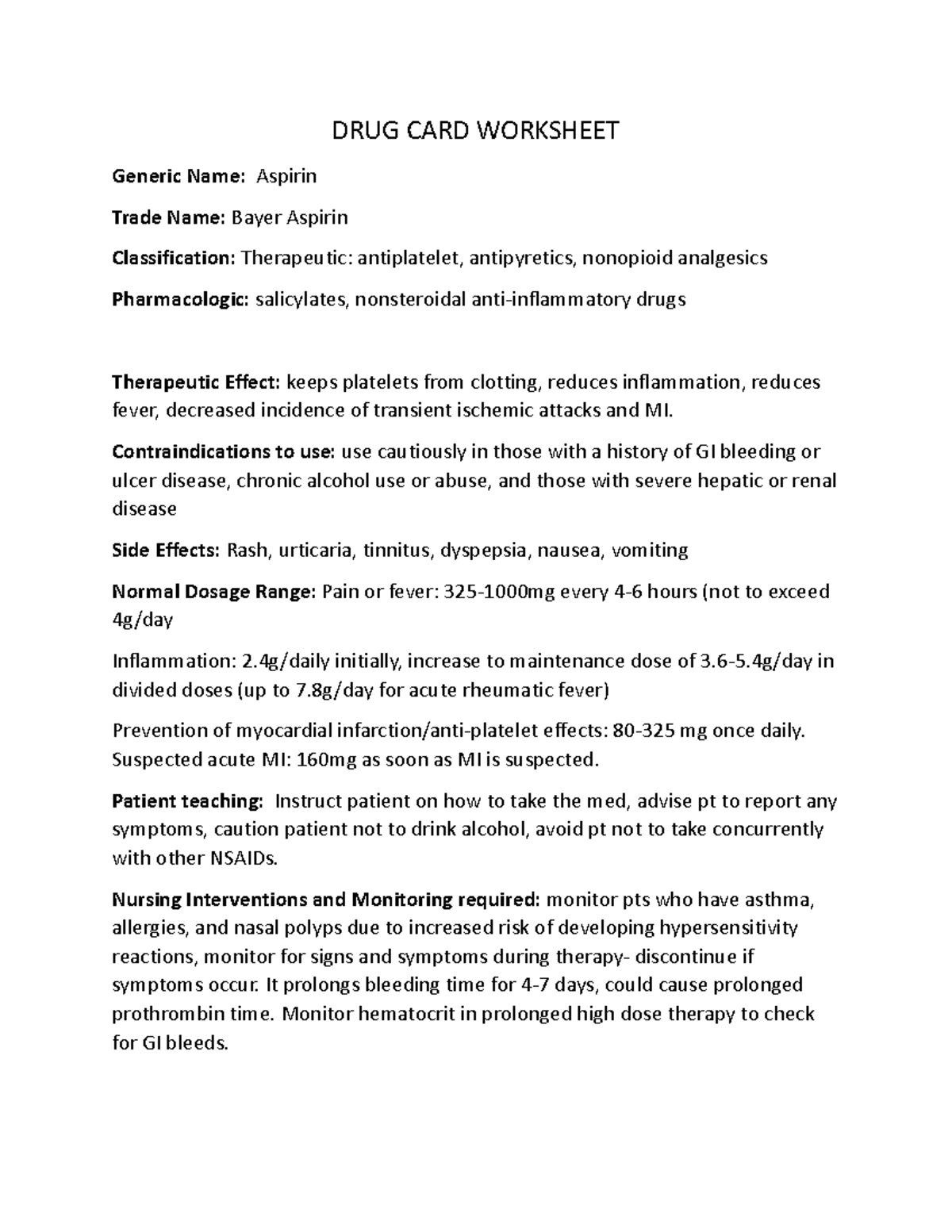 Aspirin DRUG CARD Worksheet: Key Info & Nursing Considerations - Studocu