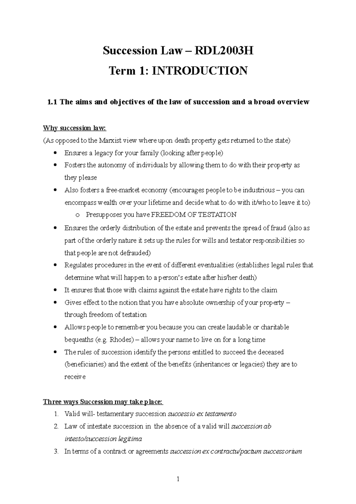 RDL2003H - Succession Law Overview: Key Concepts & Principles - Studocu