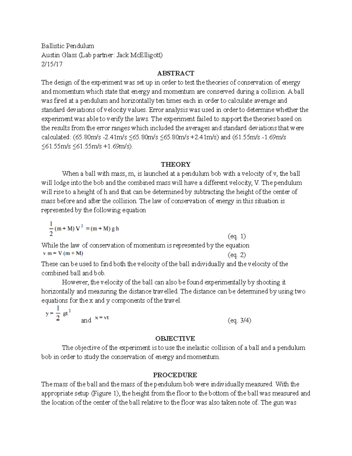 Lab 4 - Ballistic Pendulum Energy and Momentum Experiment 2017 - Studocu
