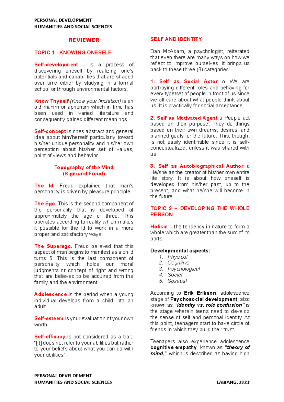 PERSONAL DEVELOPMENT HUMANITIES AND SOCIAL SCIENCES REVIEWER: KNOWING ...