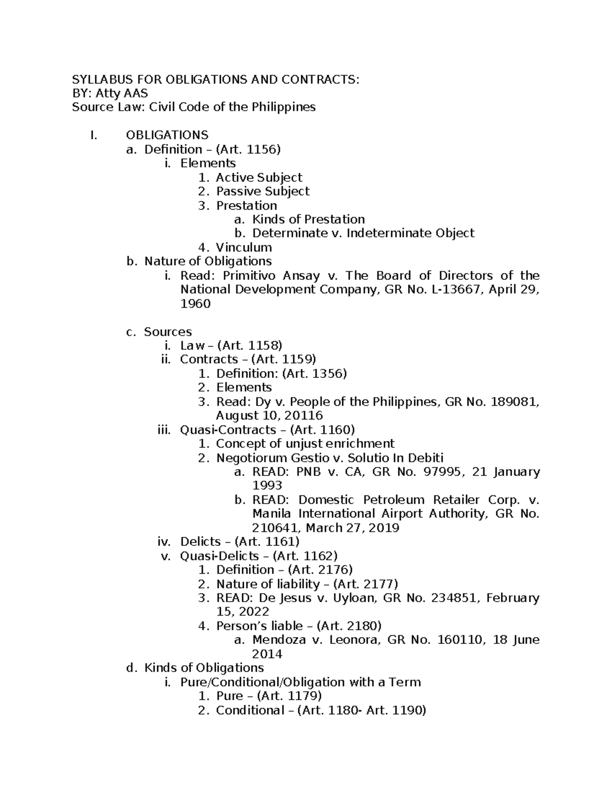 Syllabus for Obligations and Contracts (Law 101) - Studocu