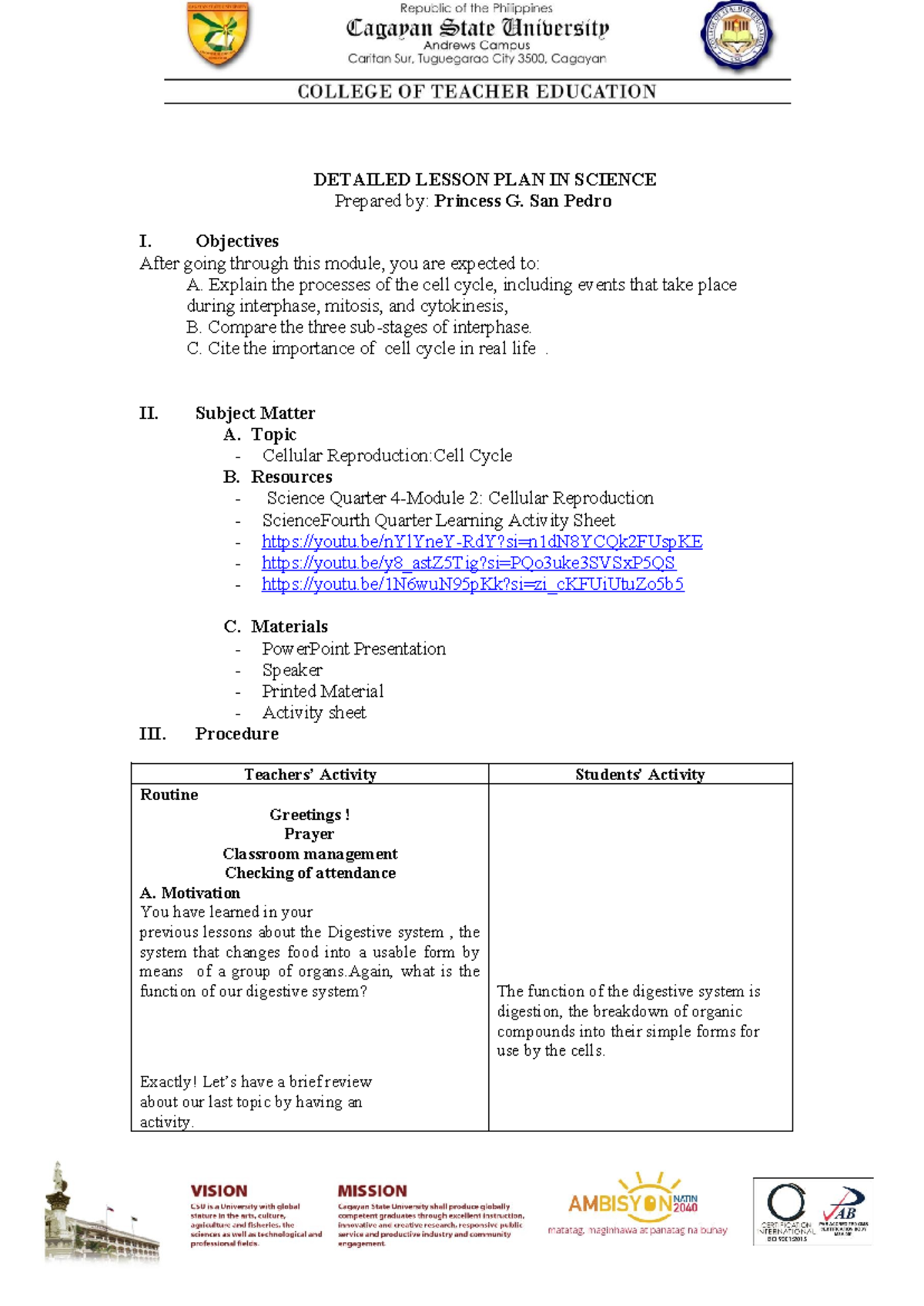 DLP8 G8 Detailed Lesson Plan: Understanding the Cell Cycle - Studocu