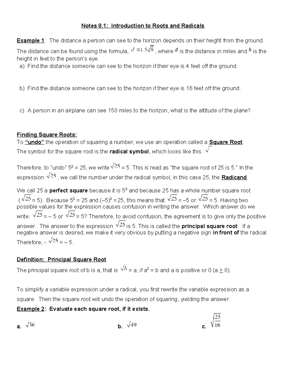 Intro to Roots & Radicals (Math 101): Lecture Notes 8 - Studocu