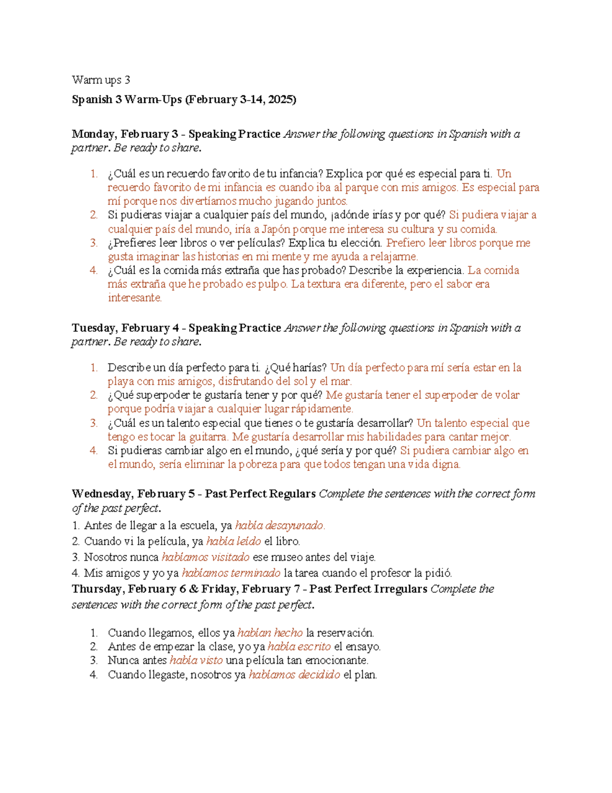 Warm ups 3 - Warm ups 3 - Warm ups 3 Spanish 3 Warm-Ups (February 3-14 ...
