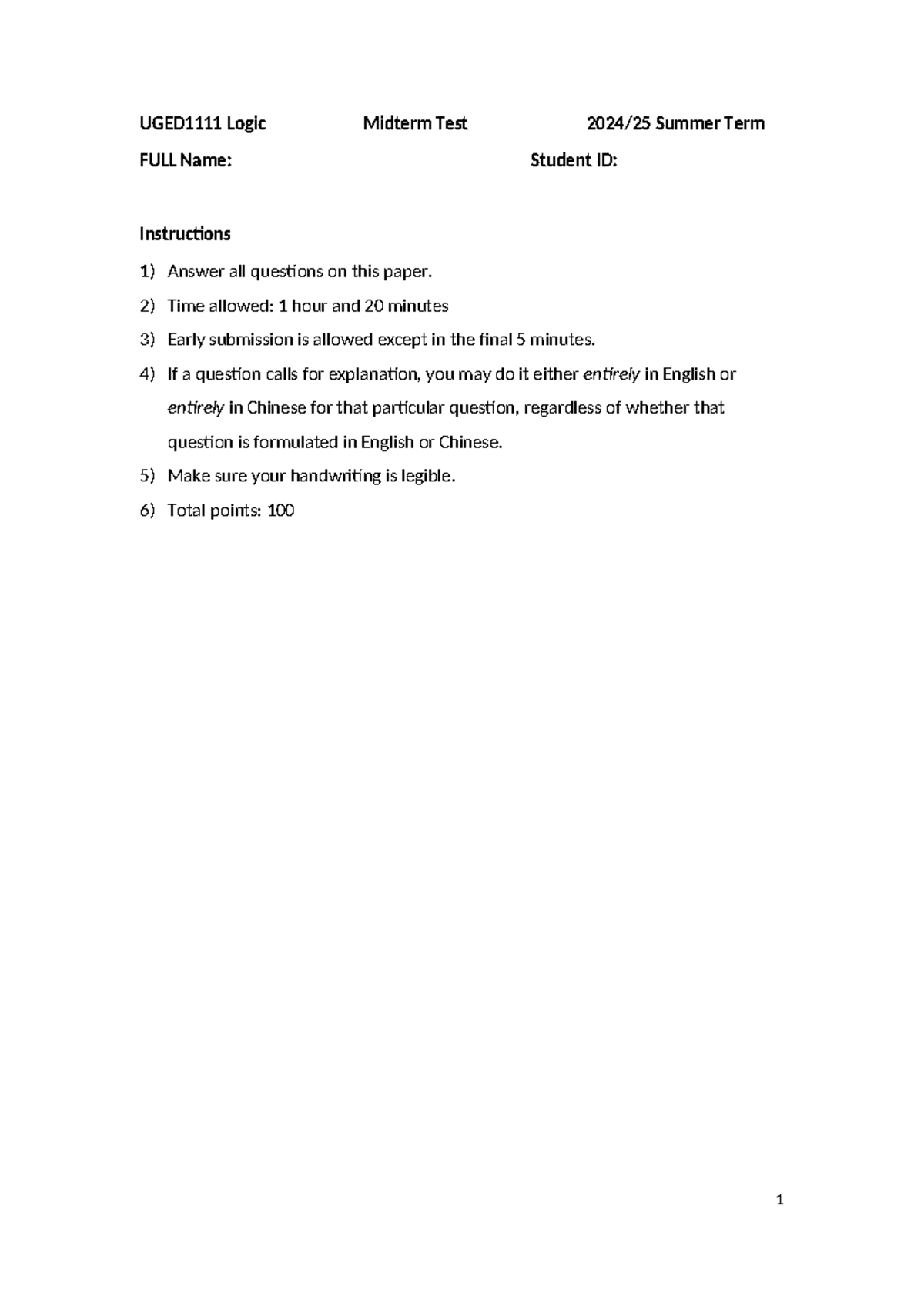 Logic Midterm Test Answer Key (202425 Sem 3) - Studocu