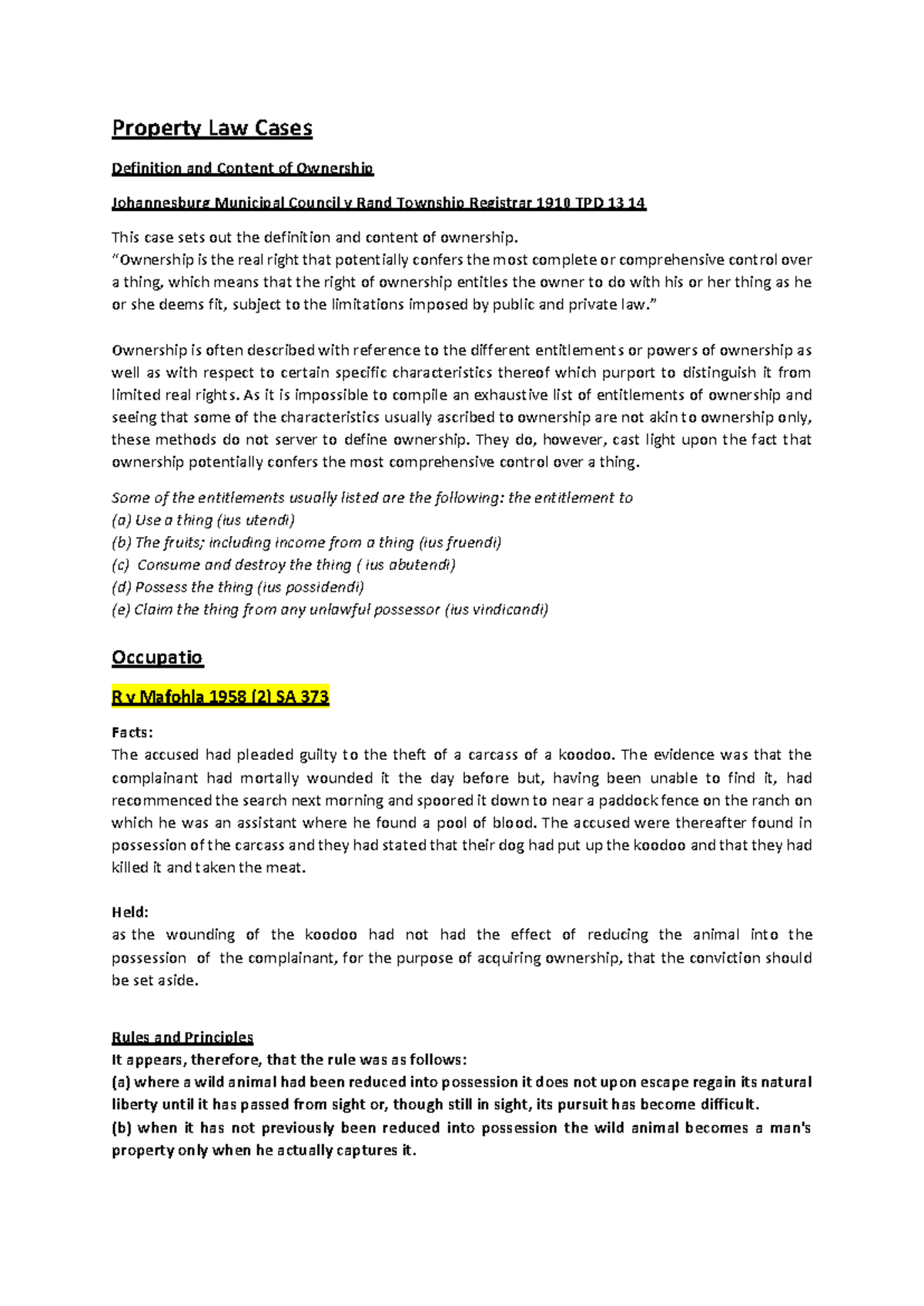 Property Law Cases - Ownership Definitions and Key Principles - Studocu
