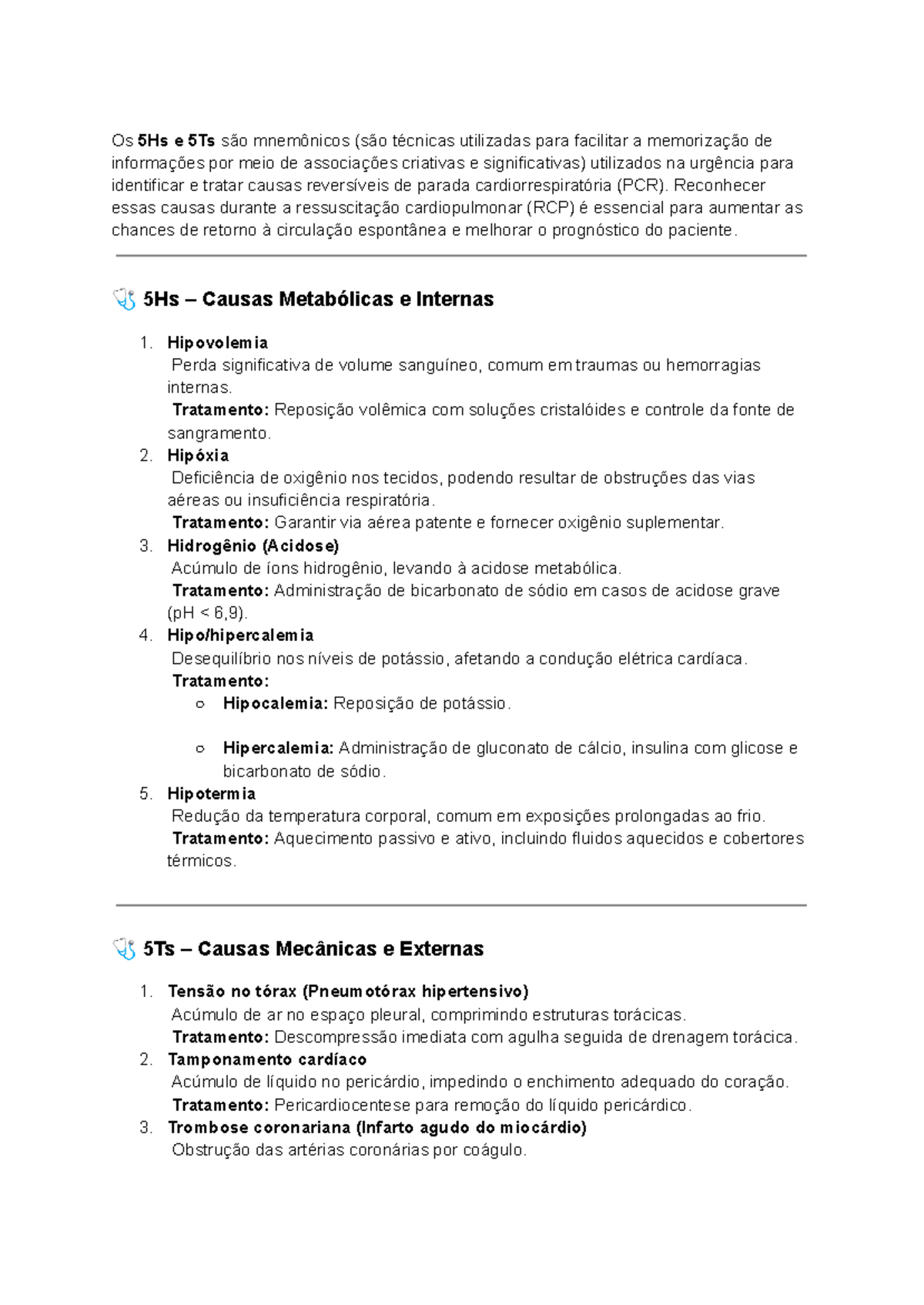 5Hs e 5Ts da PCR: Resumo Clínico em Urgência e Emergência - Studocu