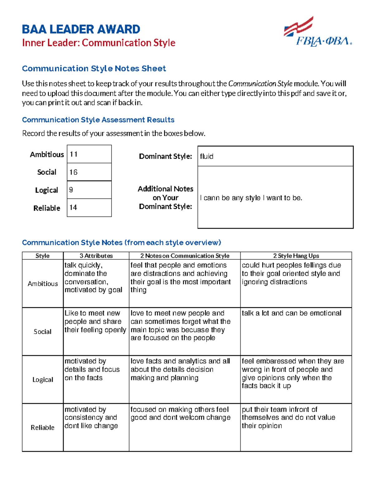 FBLA BAA: Inner Leader Communication Style Notes & Assessment Guide ...