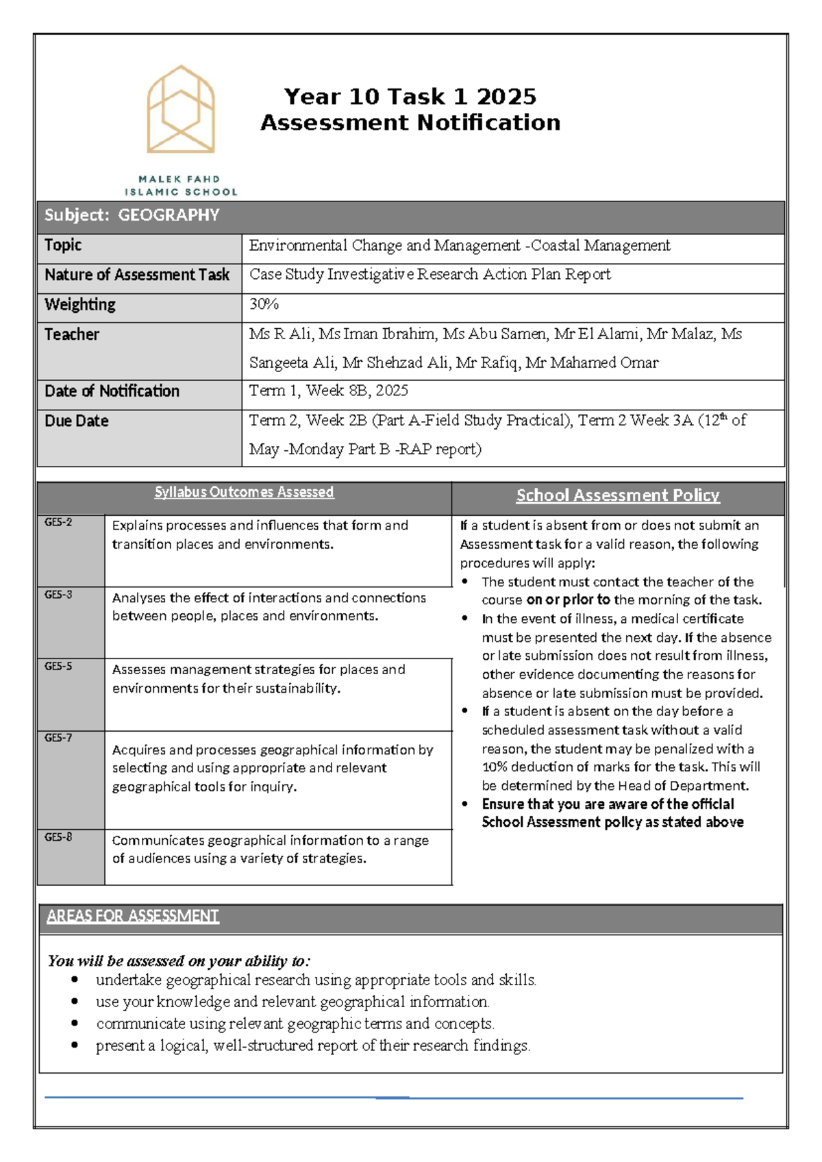Year 10 Geography Task 1: Coastal Field Study Assessment 2025 - Studocu